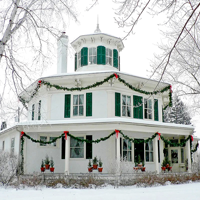 The Octagon House in winter: Proof that even geometry can get into the holiday spirit. It's like a Victorian Christmas card come to life!