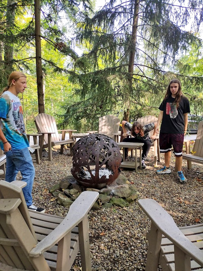 Art appreciation or outdoor hangout? These Adirondack chairs invite you to ponder life's big questions &ndash; like "Is that sphere watching me?"