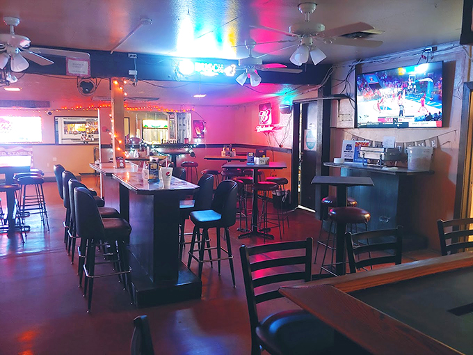 Neon lights and comfortable seating make the bar area feel like your favorite neighborhood hangout from the good old days.