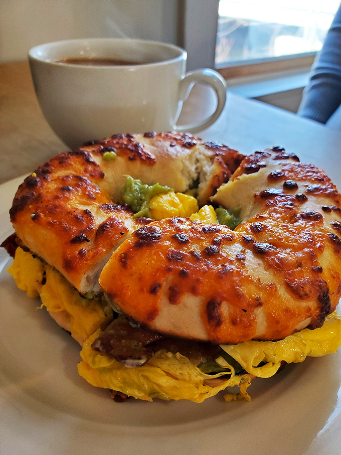 This isn't just a bagel sandwich; it's a tower of flavor that would make the Leaning Tower of Pisa jealous. Prepare for a mouthwatering balancing act!
