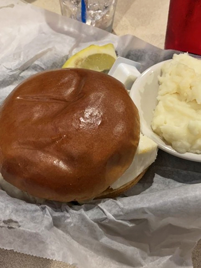A classic broiled haddock sandwich sits proudly next to cloud-like mashed potatoes, proving sometimes simple is simply perfect.
