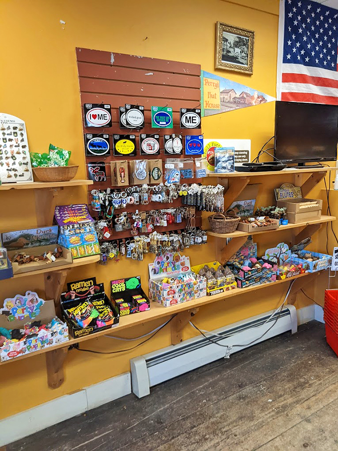 Maine pride meets sweet temptation with local souvenirs and treats arranged like a patriotic candy wonderland.