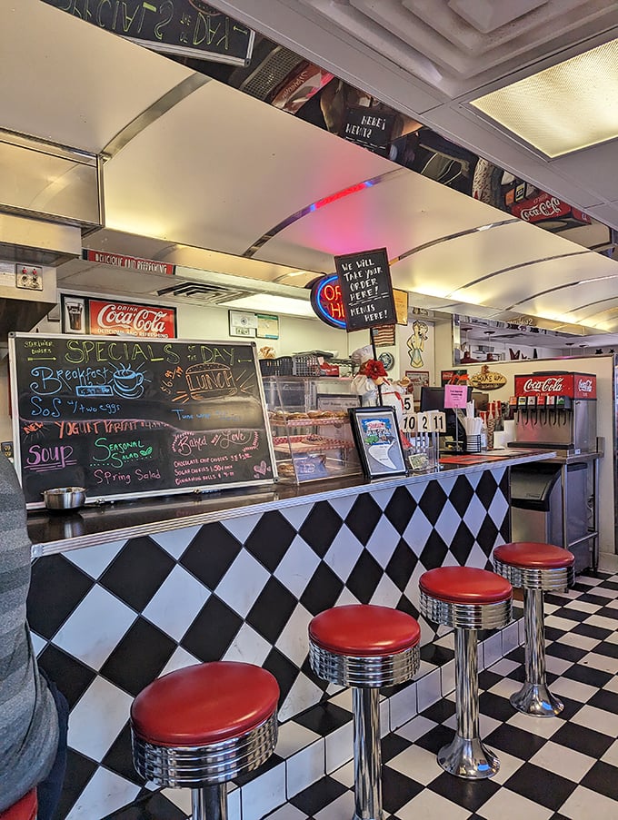 Chrome-trimmed counter stools invite you to belly up to the counter like the regulars have done for decades.