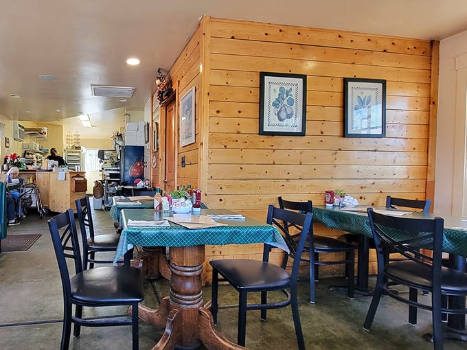 Rustic charm meets pie perfection. This dining area is where friendships are forged over forkfuls of flaky goodness and mugs of steaming coffee. Photo credit: Johnathan Covey II