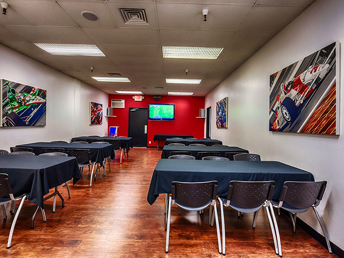 Post-race pit stop or pre-race strategy session? This dining area serves up both, with a side of racing memorabilia.
