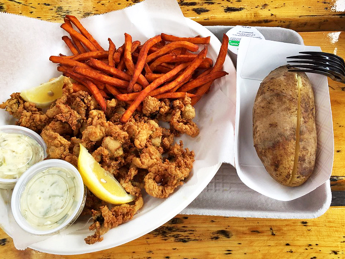 Fried clams and sweet potato fries – a duo so perfect, they should star in their own buddy cop movie. "Clam & Fry: Seaside Justice."