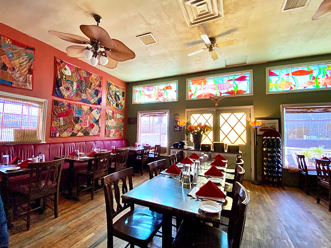 Stained glass and ceiling fans transport you to a bygone era. It's the perfect blend of Old West charm and modern culinary flair.
