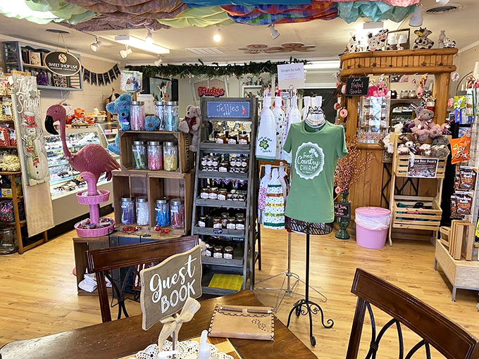 Rustic wooden shelves and twinkling lights transform this cozy space into a magical wonderland of treats and treasures.