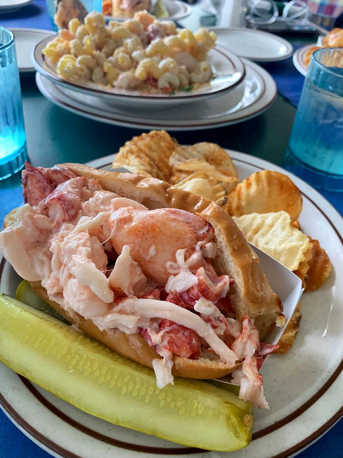 Lobster nirvana on a bun! This roll is so stuffed, it's giving the Kardashians a run for their money. Pickle for scale (and tangy contrast).