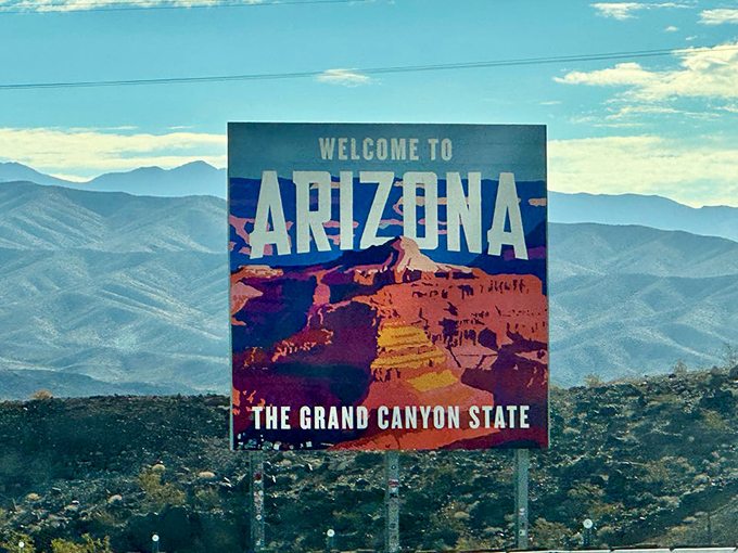 Mountains, meet modernity. This sleek sign proves Arizona's got both&mdash;natural wonders and eye-catching design in one stunning package. Photo credit: MaryBeth Sjoquist