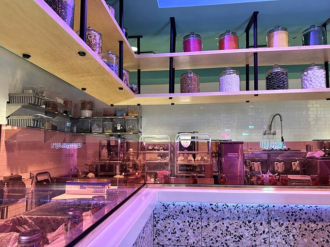 A candy-colored wonderland where vintage meets modern, complete with milk bottle displays that would make Willy Wonka jealous.