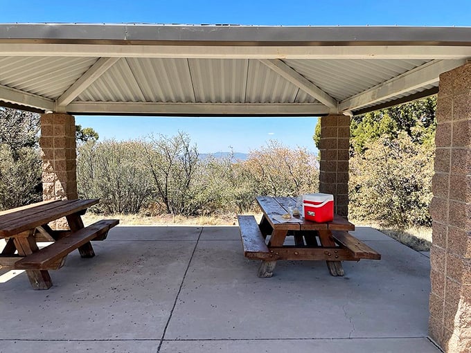 A shaded rest area offers respite and million-dollar views - the kind of lunch spot that makes brown-bag meals taste gourmet. 