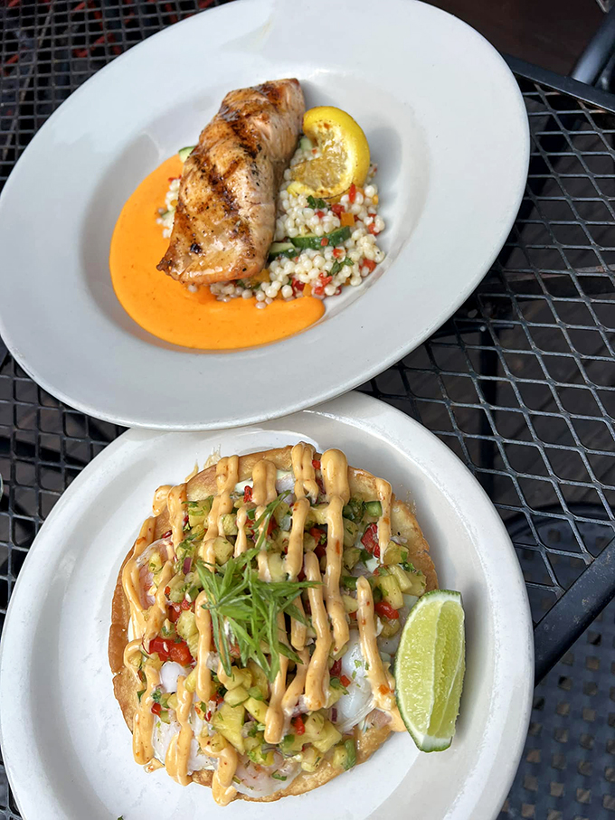 A tale of two tastes: zesty shrimp tostada meets elegant grilled salmon. It's like a culinary odd couple that somehow works perfectly together. Photo credit: Casey's Caboose