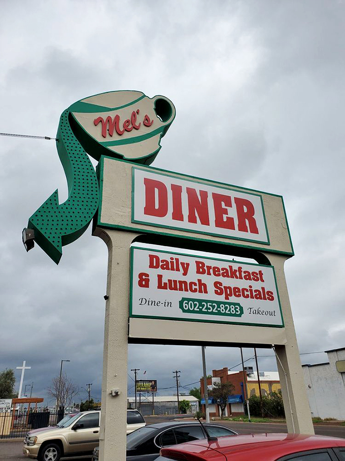 Against moody desert skies, that distinctive coffee cup sign promises daily specials and the kind of breakfast worth getting up for.