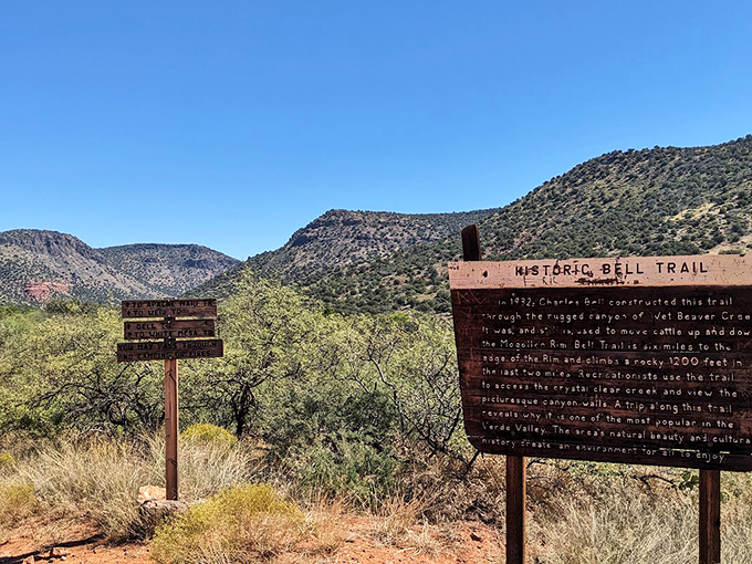 A historical marker tells the tale of Charles Bell's 1932 vision, transforming a cattle path into today's beloved trail.