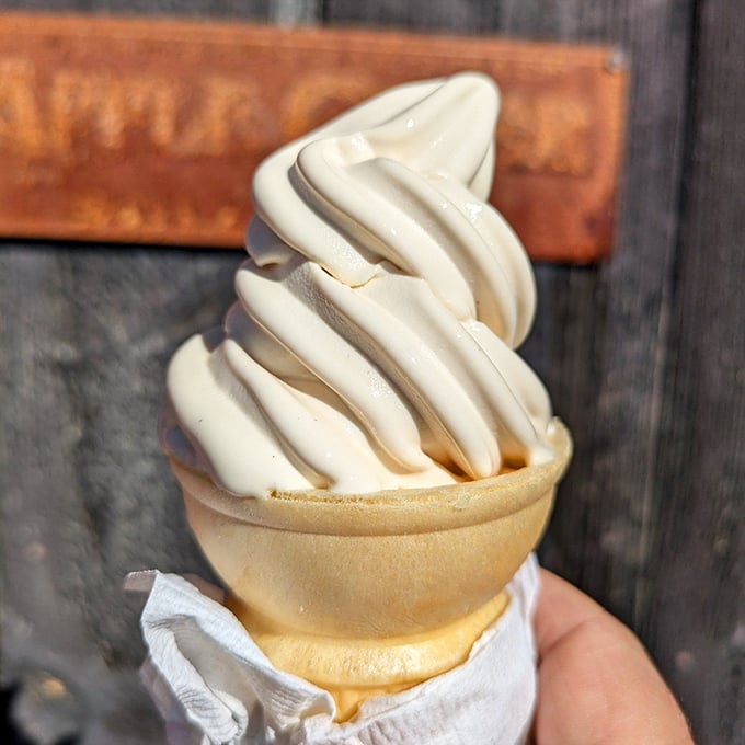 The legendary maple creemee in all its glory, swirled to perfection against a backdrop of Vermont's rolling hills.