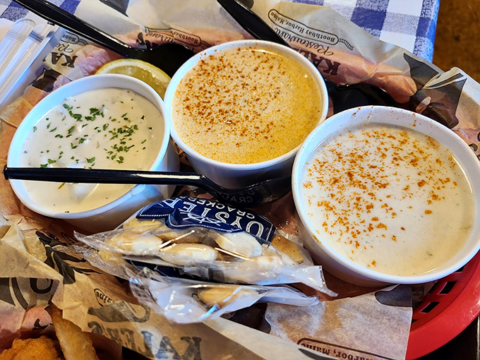 Three creamy bowls of coastal comfort, each promising warmth and satisfaction like a hug from your favorite aunt.