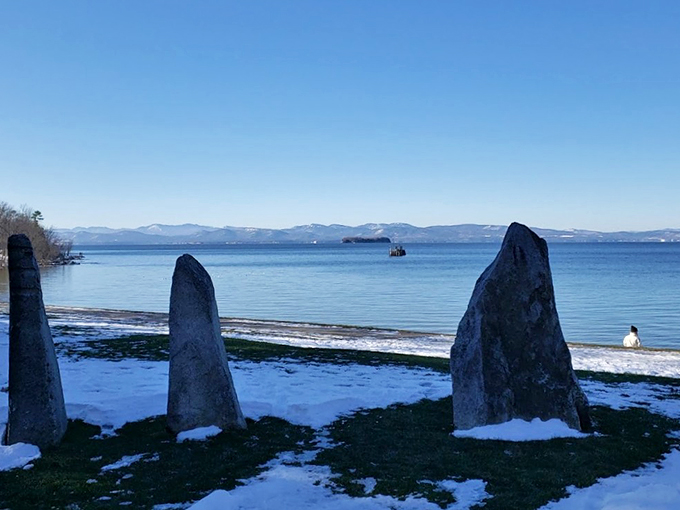 Winter transforms the Earth Clock into a magical scene, with snow-dusted stones standing like frozen guardians of time.