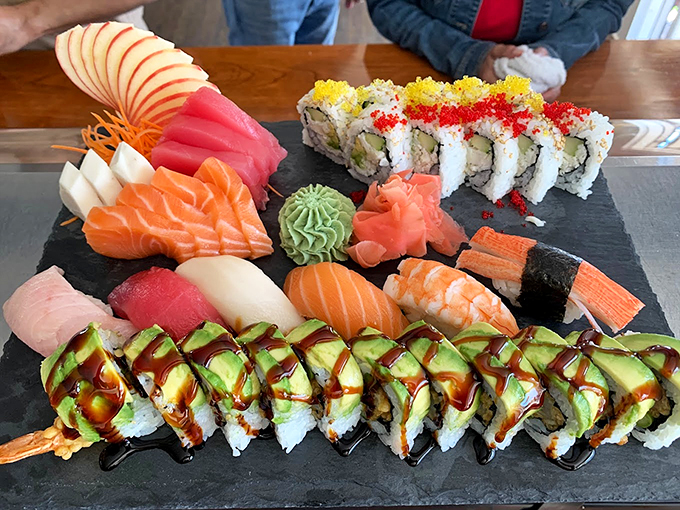 This isn't just a sushi roll, it's edible artwork with perfectly layered avocado and tuna that'll make your taste buds dance.