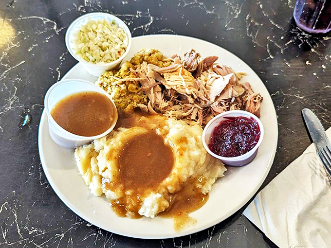 Thanksgiving came early! This plate is like a greatest hits album of comfort food classics. Warning: may induce spontaneous expressions of gratitude.