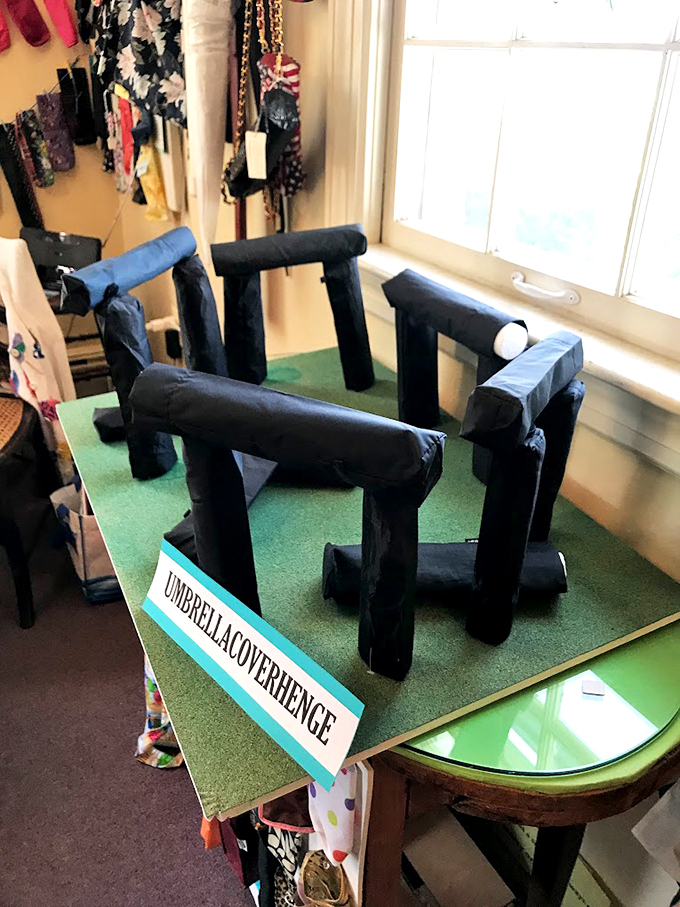 A playful take on Stonehenge made entirely of umbrella covers. Somehow both ridiculous and brilliant &ndash; just like the museum itself.