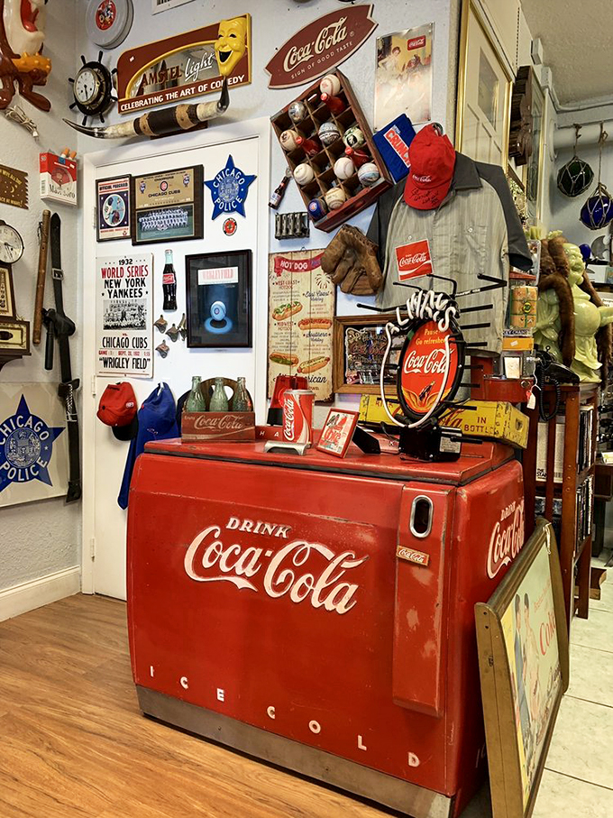 Coca-Cola memorabilia meets sports history in this corner, where every vintage sign has a story worth hearing.