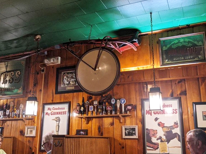 Vintage Guinness ads and weathered clocks create the kind of ambiance money just can't buy.