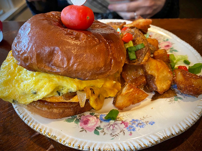 Holy breakfast burger, Batman! This towering masterpiece is what happens when brunch decides to live life on the edge.