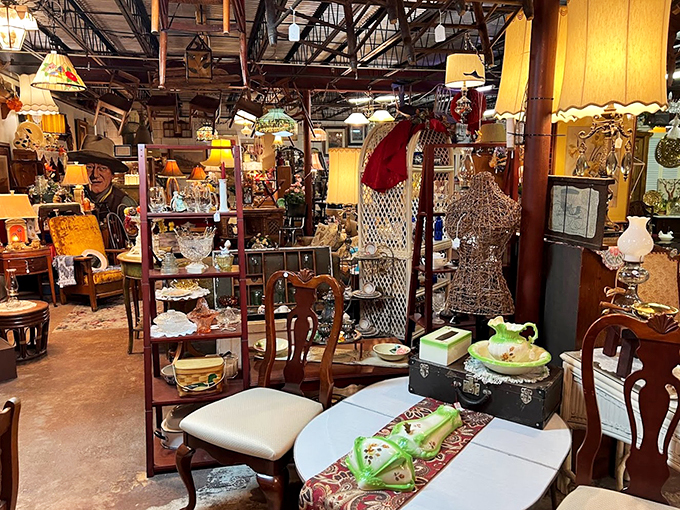 Furniture or time machine? This eclectic mix of chairs, lamps, and curios could furnish a home in any decade of the last century.