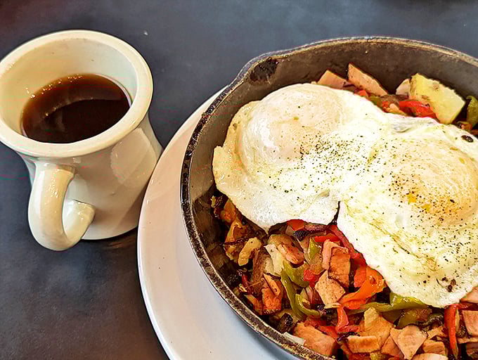 This skillet's so hot, it could star in its own action movie. And that coffee? It's the Robin to your breakfast Batman.
