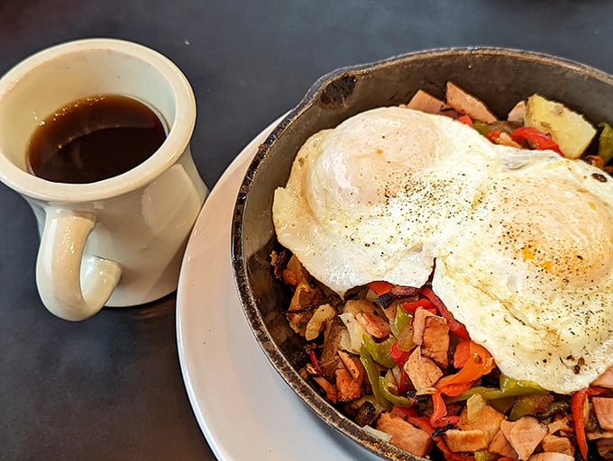 A hearty skillet and a steaming cup of joe &ndash; the breakfast of champions or anyone who wants to feel like one.