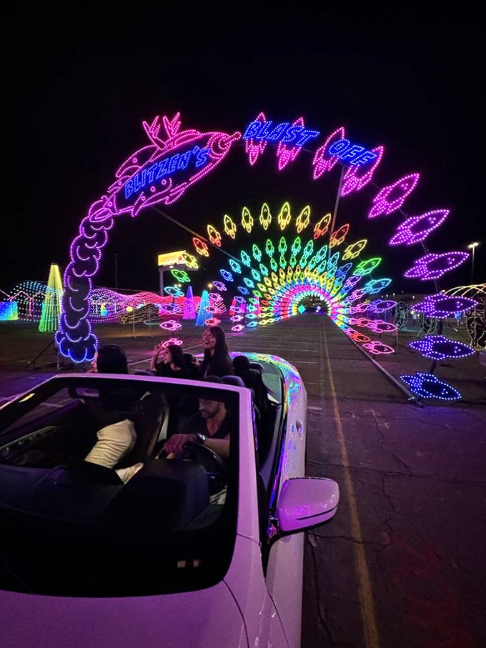 Cruising through a rainbow tunnel &ndash; it's like driving inside a kaleidoscope! Who knew your family sedan could double as a magical mystery tour mobile?