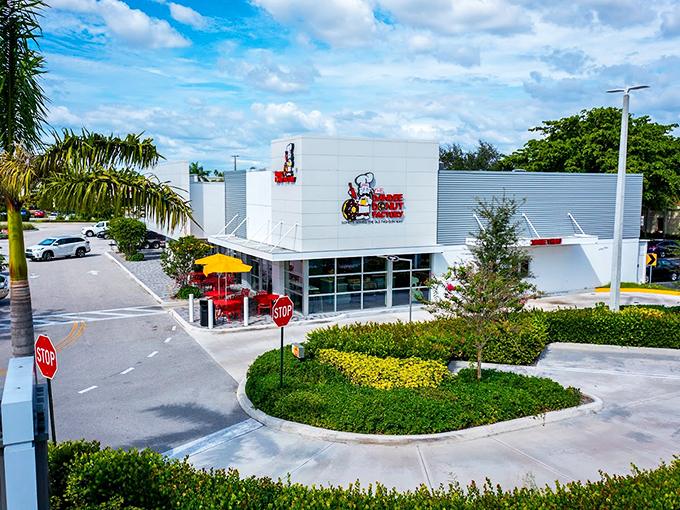 A modern donut oasis in the Florida landscape. It's like Willy Wonka opened a breakfast joint!