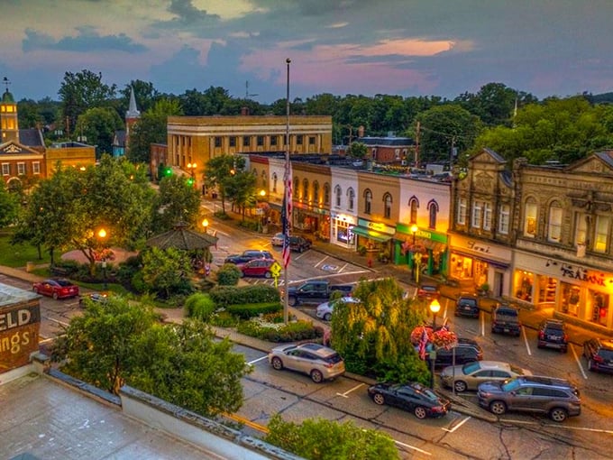Nothing to be chagrined about here! This waterfall is like nature's own Main Street water feature, complete with charming backdrop.