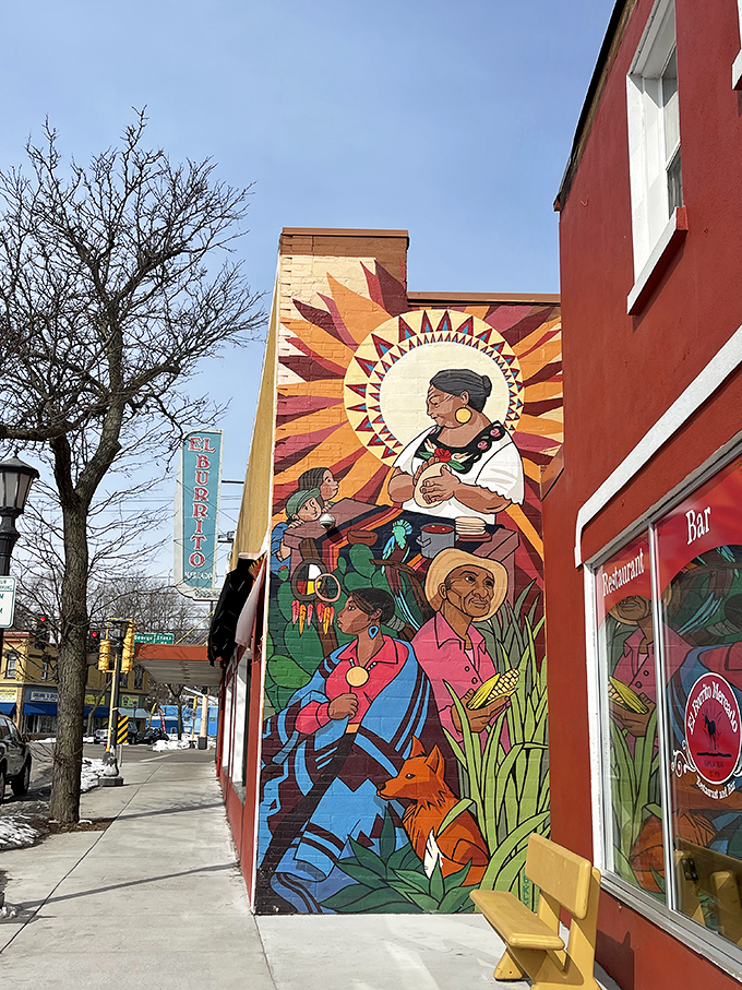 Holy guacamole! El Burrito Mercado's vibrant mural is a feast for the eyes, hinting at the flavor fiesta that awaits inside. Photo credit: El Burrito Mercado