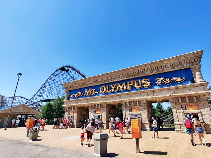 Greek mythology meets Midwest ingenuity at this grand entrance, where ancient columns frame modern-day adventures.