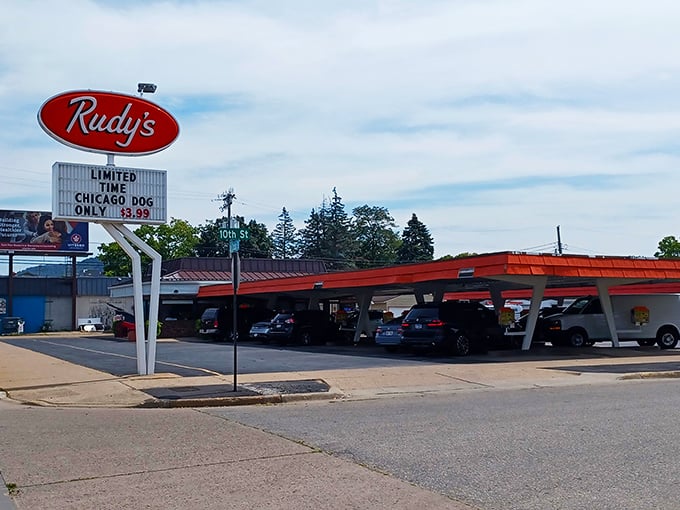 Rudy's Drive-In: Where 'Chicago-style' meets Wisconsin charm. This red-roofed wonder is more tempting than a siren's call to hungry sailors.