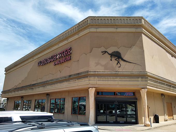 Jurassic Park meets gift shop in this prehistoric playground. T-Rex says 'cheese' for selfies instead of chomping tourists.