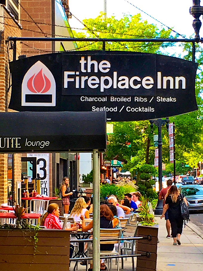 Old Town, new flavors! The Fireplace Inn's classic sign promises a warm welcome and even warmer ribs.