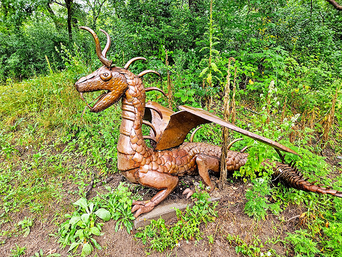 Who let the dragon out? This metallic beast seems ready to guard its artistic treasure trove. Game of Thrones, Minnesota style!