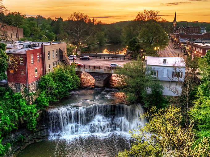 Sunset over small-town perfection. Chagrin Falls at dusk is like a Thomas Kinkade painting, but with better restaurants and fewer woodland creatures.