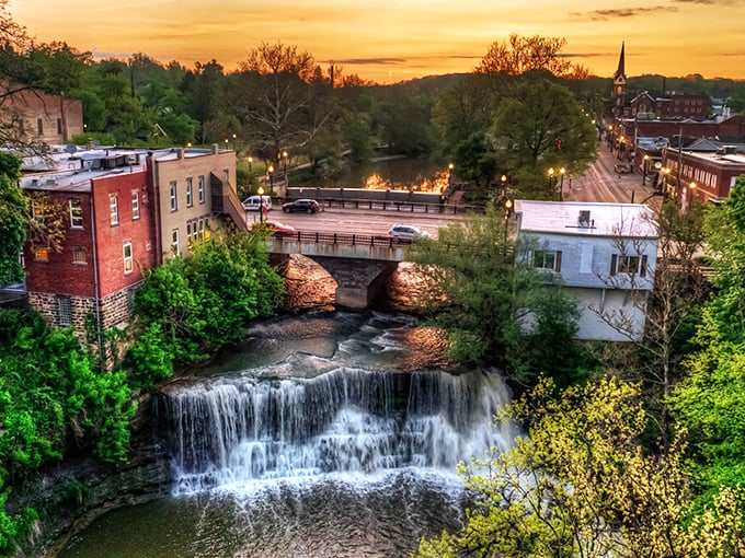 Sunset over small-town perfection. Chagrin Falls at dusk is like a Thomas Kinkade painting, but with better restaurants and fewer woodland creatures.