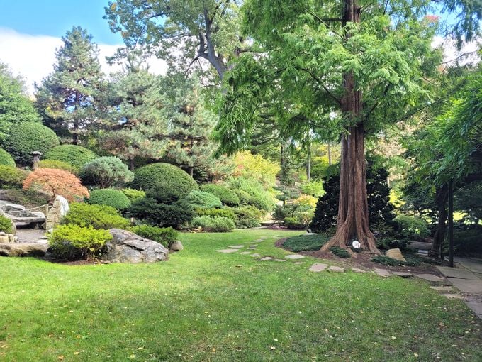 Japan and Ohio, unlikely garden pals. Koi ponds and sculpture prove opposites attract beautifully.