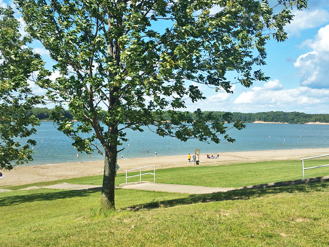 Beach day, nature's way! Soft sands meet clear waters, all wrapped in a green embrace of Ohio's forests.