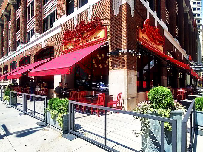 Cheese lovers, rejoice! Giordano's iconic red sign is like a beacon of hope for empty stomachs and pizza enthusiasts everywhere.