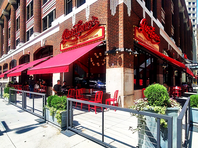 Cheese lovers, rejoice! Giordano's iconic red sign is like a beacon of hope for empty stomachs and pizza enthusiasts everywhere.