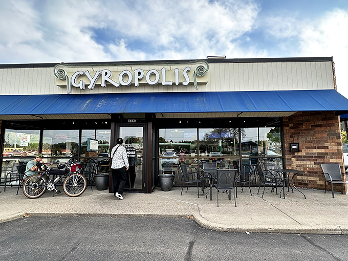 Blue awning, golden gyros! Gyropolis is your ticket to Greek flavor town, no frequent flyer miles necessary.