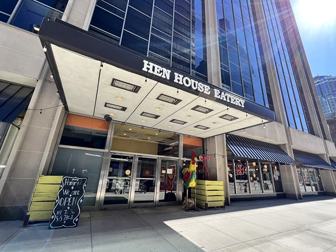 Red windmills and yellow planters - it's like breakfast and modern art had a delicious baby.