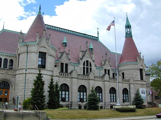 Red sandstone and copper turrets &ndash; it's what happens when a medieval castle and a post office have a beautiful baby. Photo credit: Go Great Lakes Bay Pinterest