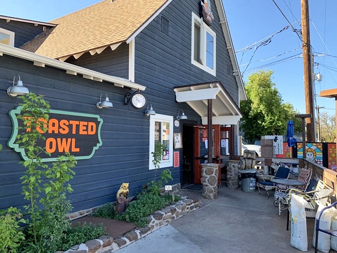 Hoot if you love breakfast! The Toasted Owl's cozy exterior promises comfort food that'll make you want to nest all day.